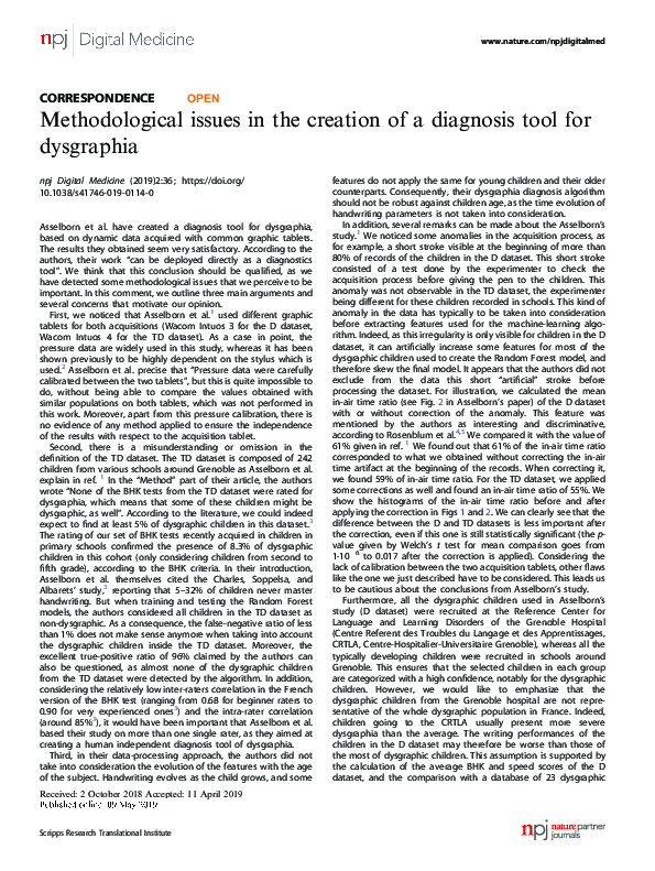 (PDF) Methodological issues in the creation of a diagnosis tool for dysgraphia | Étienne LABYT ...
