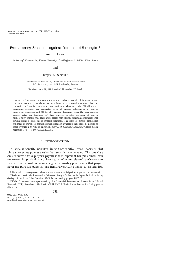 (PDF) Evolutionary Selection against Dominated Strategies