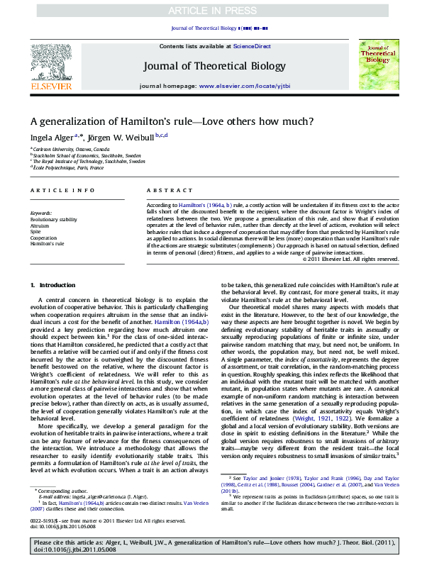 (PDF) A generalization of Hamilton's rule—Love others how much?