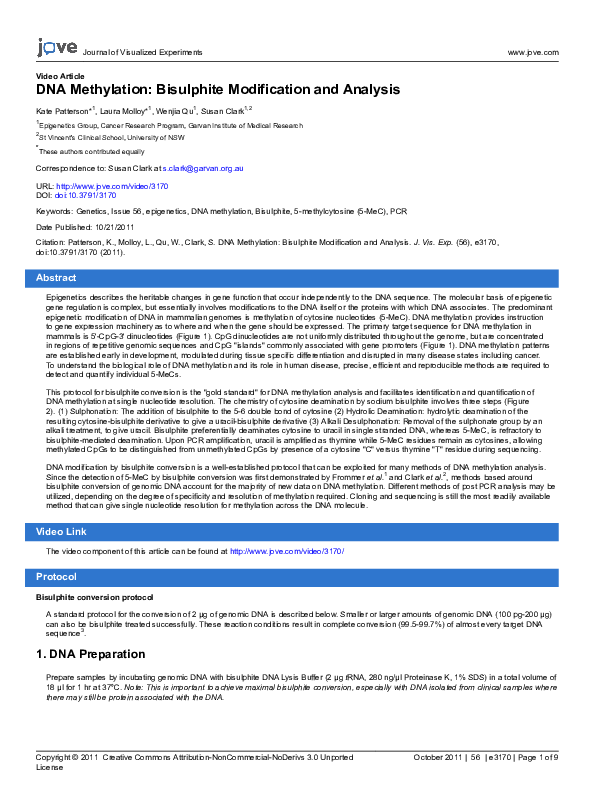 Pdf Dna Methylation Bisulphite Modification And Analysis