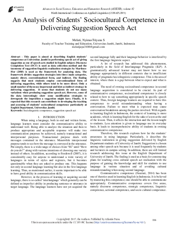 (PDF) An Analysis of Students' Sociocultural Competence in Delivering Suggestion Speech Act
