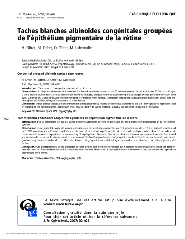 (PDF) Taches blanches albinoïdes congénitales groupées de l’épithélium ...