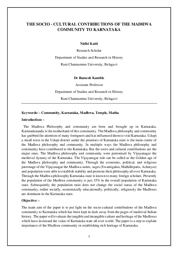 (PDF) THE SOCIO -CULTURAL CONTRIBUTIONS OF THE MADHWA COMMUNITY TO ...