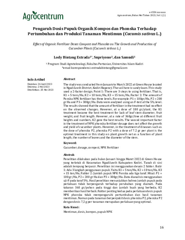 (PDF) Pengaruh Dosis Pupuk Organik Kompos dan Phonska Terhadap Pertumbuhan dan Produksi Tanaman ...