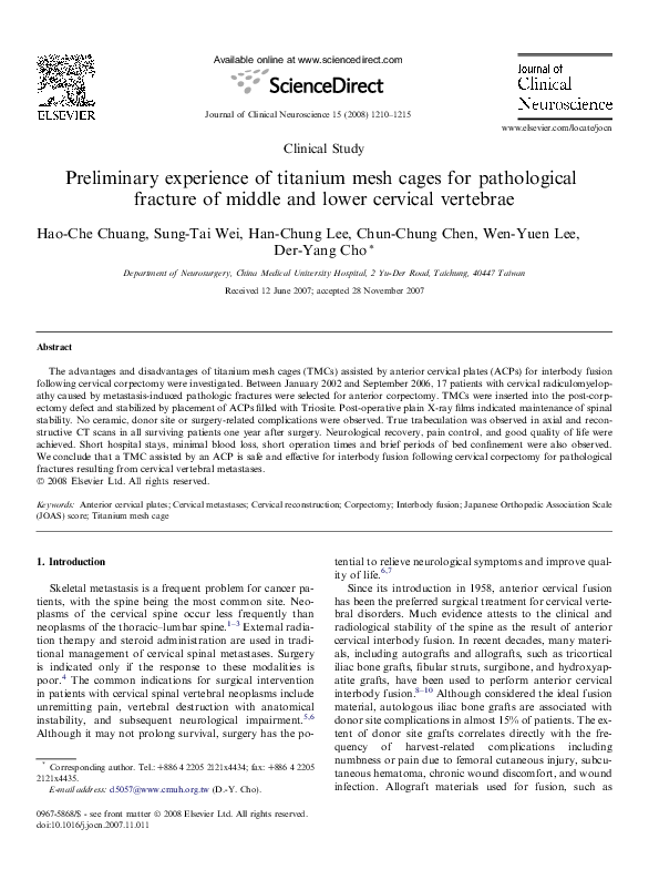 (PDF) Preliminary experience of titanium mesh cages for pathological ...