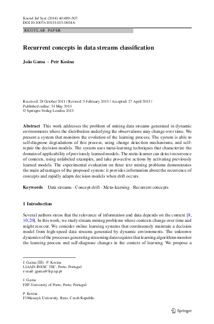 Pdf Recurrent Concepts In Data Streams Classification Joao Gama