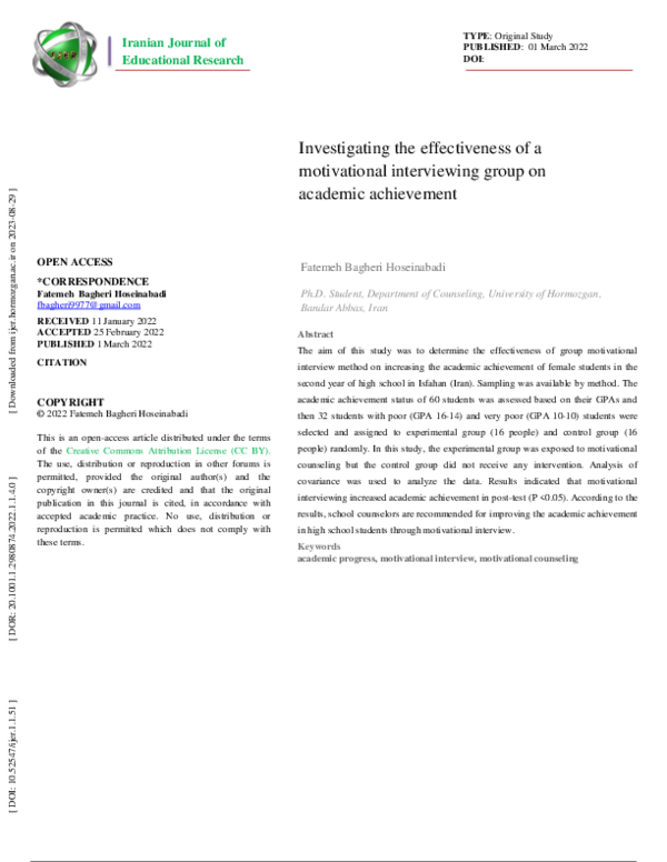 (PDF) Investigating the effectiveness of a motivational interviewing group on academic achievement