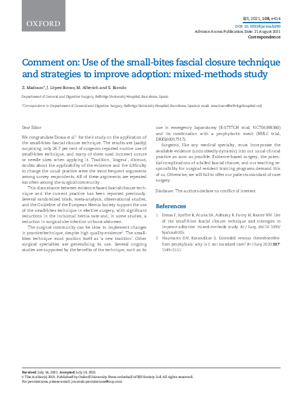 (PDF) Comment on: Use of the small-bites fascial closure technique and ...