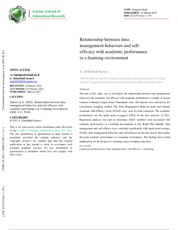 Pdf Relationship Between Time Management Behaviors And Self Efficacy With Academic Performance