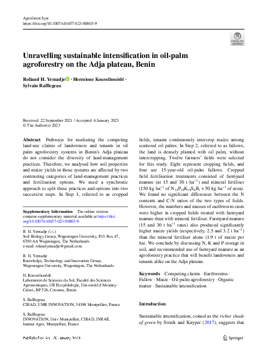 (PDF) Unravelling sustainable intensification in oil-palm agroforestry on the Adja plateau, Benin