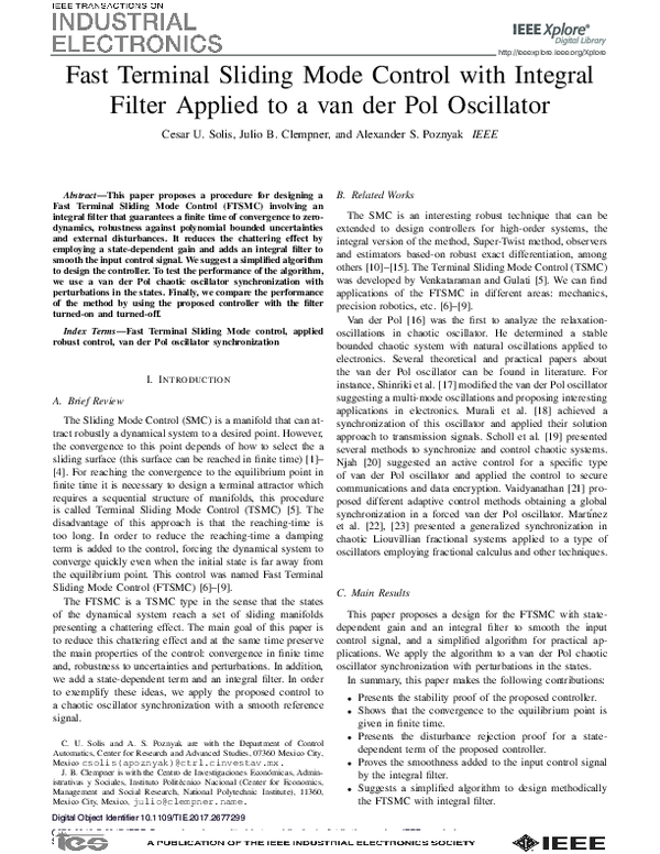 (PDF) Fast Terminal Sliding-Mode Control With an Integral Filter Applied to a Van Der Pol Oscillator