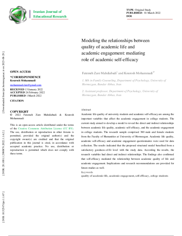 (PDF) Modeling the relationships between quality of academic life and academic engagement ...