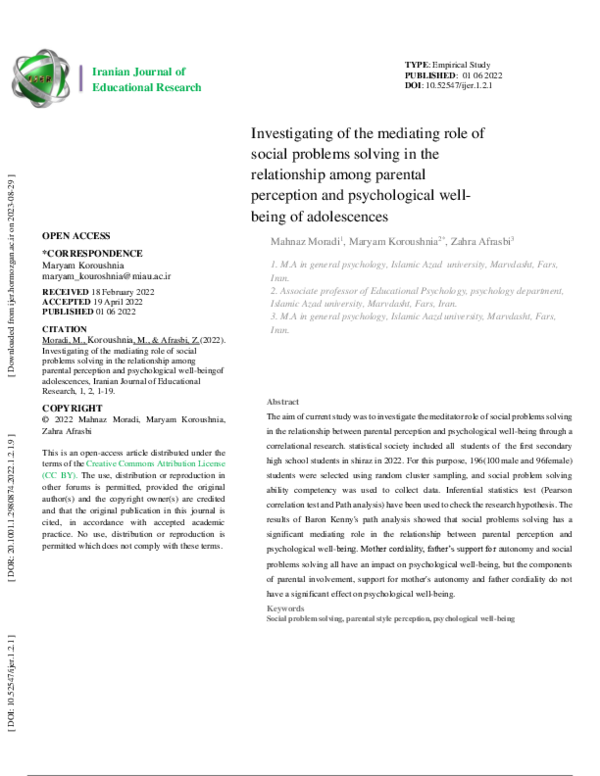 (PDF) Investigating of the mediating role of social problems solving in ...