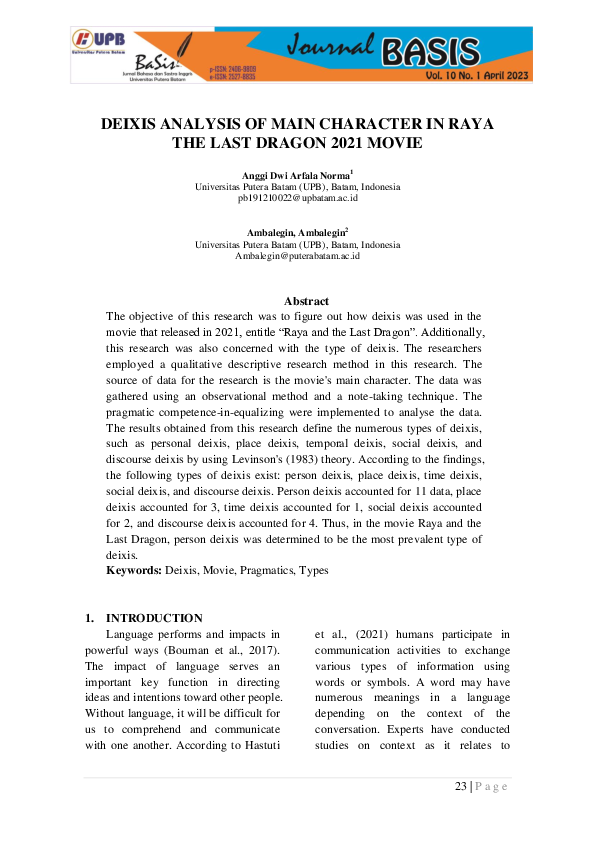 (PDF) Deixis Analysis of Main Character in Raya the Last Dragon 2021 Movie