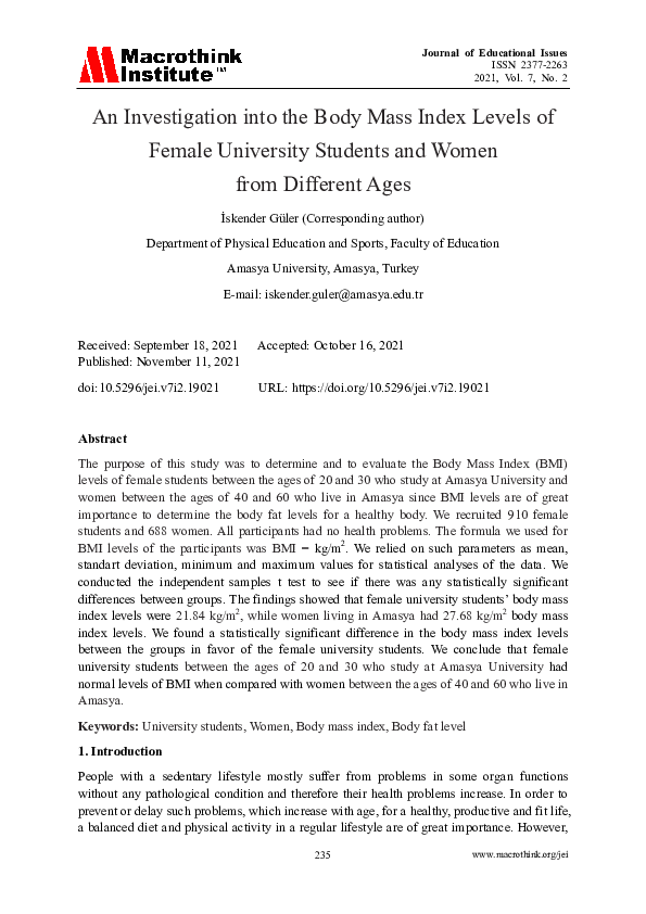 (PDF) An Investigation into the Body Mass Index Levels of Female ...
