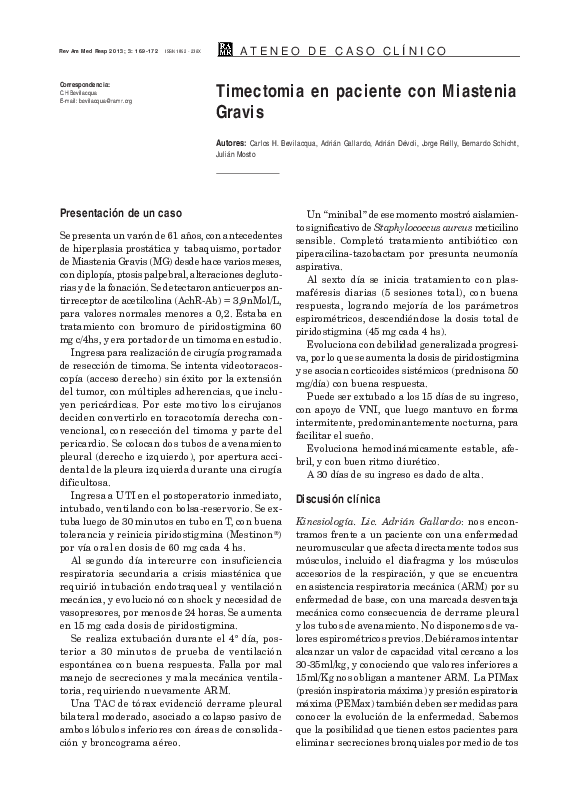 (PDF) Timectomia en paciente con Miastenia Gravis