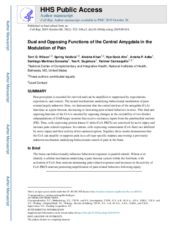 (PDF) Dual and Opposing Functions of the Central Amygdala in the ...