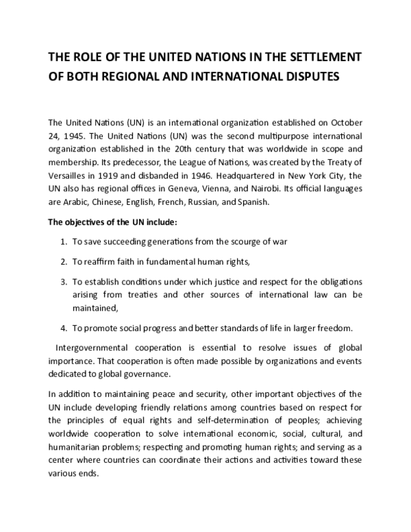 (DOC) THE ROLE OF THE UNITED NATIONS IN THE SETTLEMENT OF BOTH REGIONAL ...