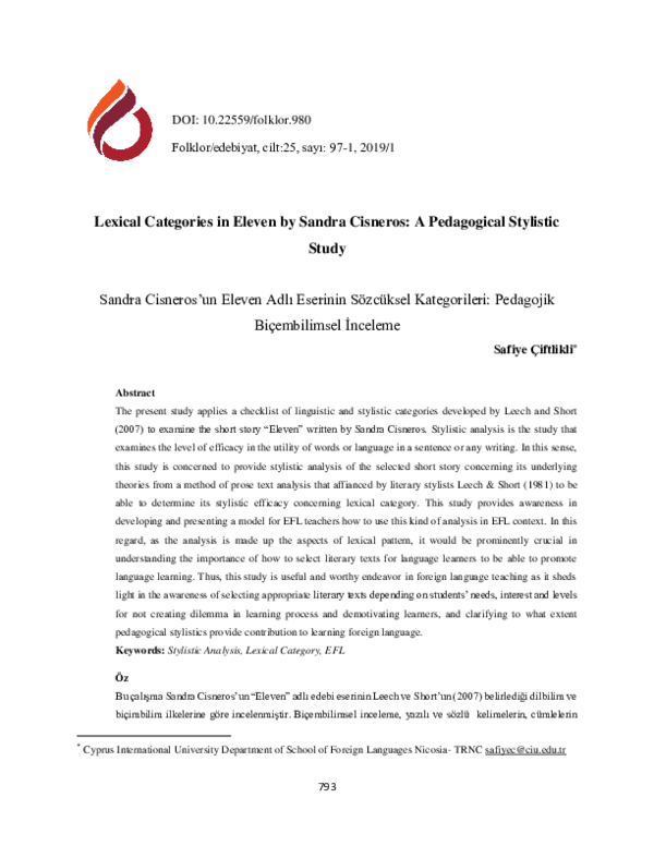 (PDF) Sandra Cisneros'un Eleven Adlı Eserinin Sözcüksel Kategorileri ...