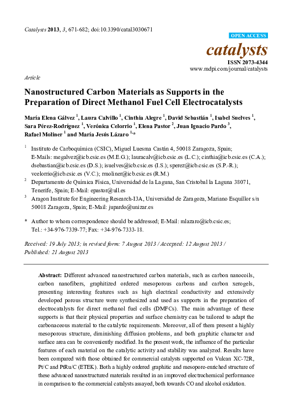 (PDF) Nanostructured Carbon Materials as Supports in the Preparation of Direct Methanol Fuel ...