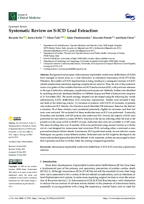 Pdf Systematic Review On S Icd Lead Extraction Viktor Čulić