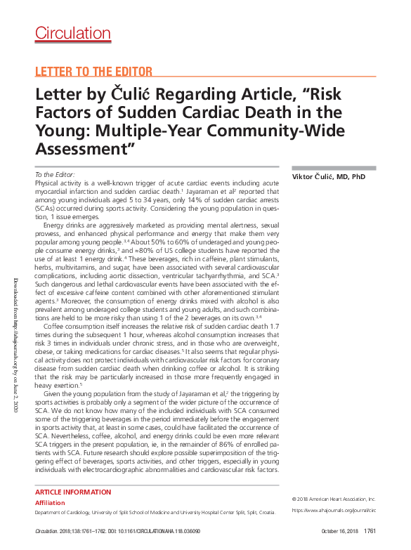 (PDF) Letter by Čulić Regarding Article, “Risk Factors of Sudden ...
