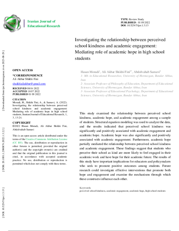 (PDF) Investigating the relationship between perceived school kindness and academic engagement ...