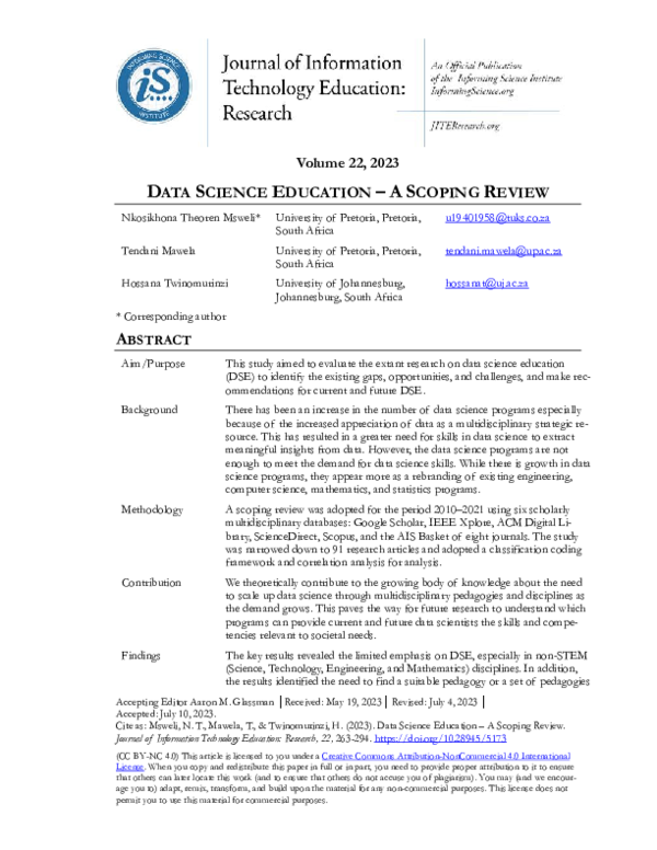 (PDF) Data Science Education – A Scoping Review | Hossana Twinomurinzi ...