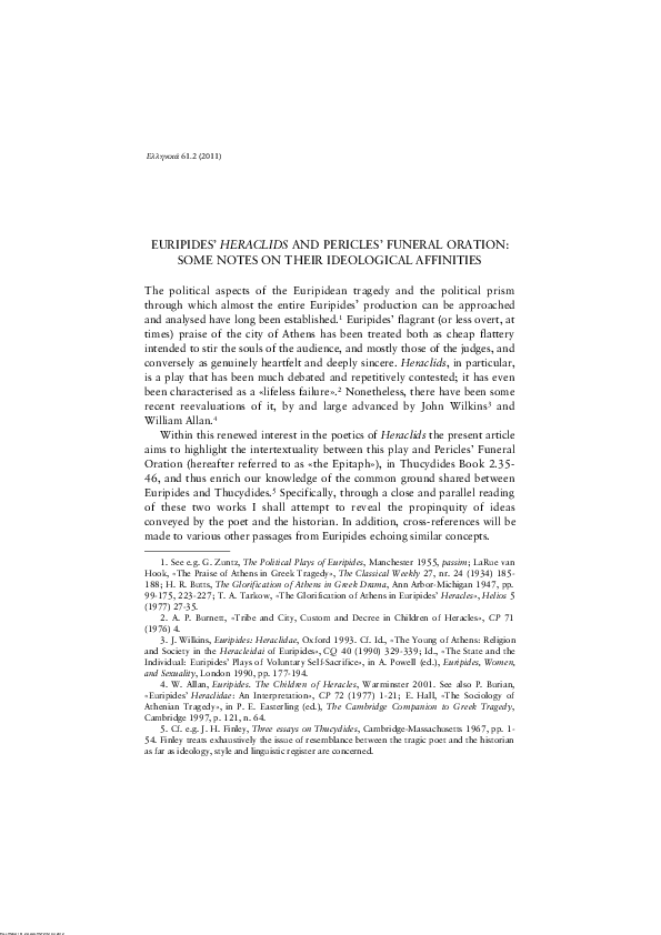 (PDF) Euripides’ Heraclids and Pericles’ Funeral Oration: Some notes on ...