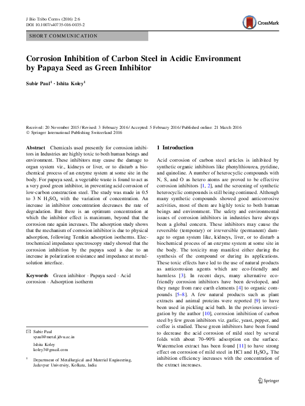(PDF) Corrosion Inhibition of Carbon Steel in Acidic Media Bybifurcaria Bifurcataextract