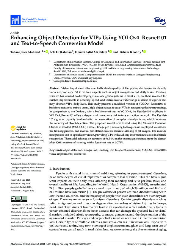 Pdf Enhancing Object Detection For Vips Using Yolov4resnet101 And Text To Speech Conversion Model