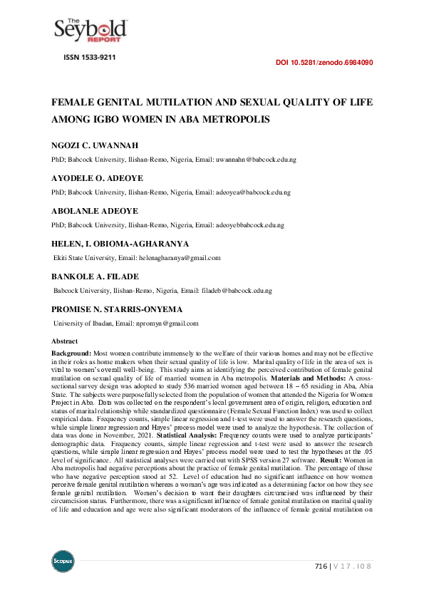 (PDF) Female Genital Mutilation and Sexual Quality of Life Among Igbo Women in Aba Metropolis