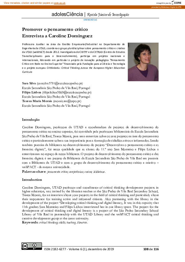 (PDF) Promover o pensamento crítico: entrevista a Caroline Dominguez ...