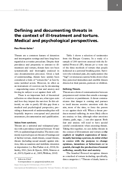 (PDF) Defining and documenting threats in the context of ill-treatment and torture