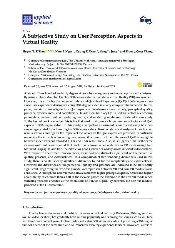 (PDF) A Subjective Study on User Perception Aspects in Virtual Reality