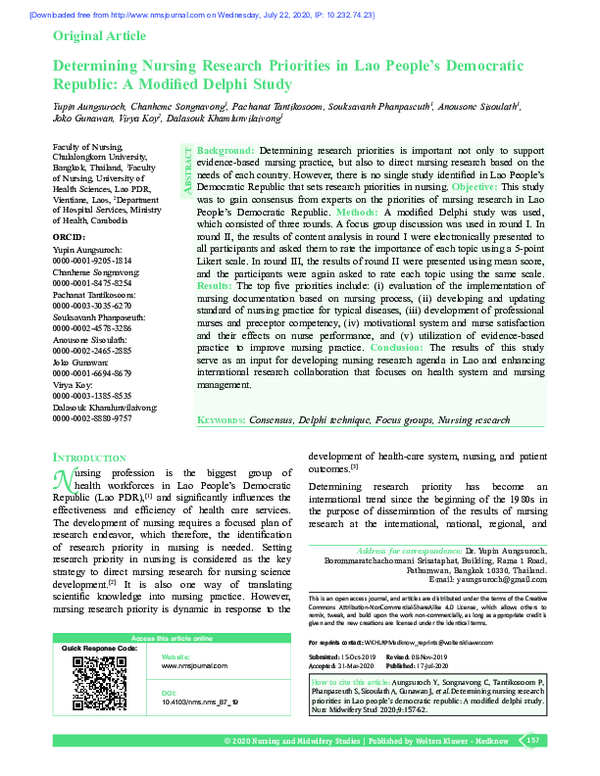 (PDF) Determining nursing research priorities in lao people's ...