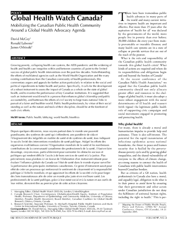 (PDF) Global Health Watch Canada? | Ronald Labonte - Academia.edu