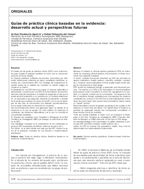 (PDF) Guías de práctica clínica basadas en la evidencia: desarrollo actual y perspectivas futuras