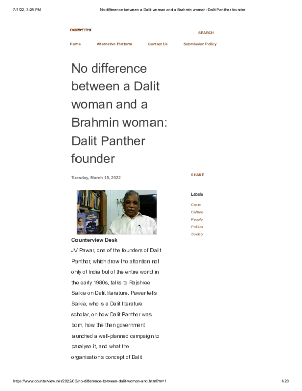 (PDF) No difference between a Dalit woman and a Brahmin woman: Dalit Panther founder