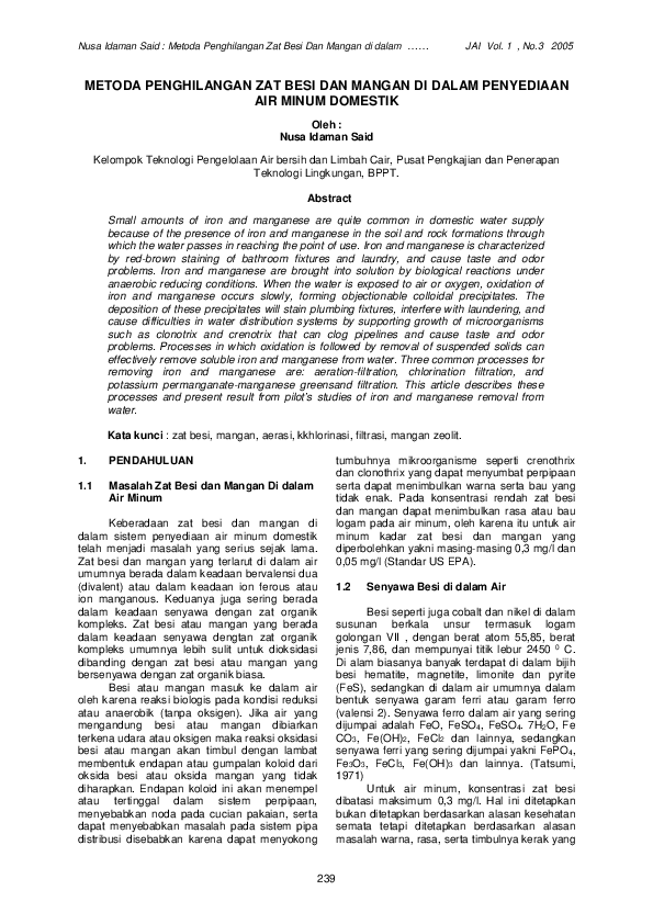 (PDF) Metoda Penghilangan Zat Besi Dan Mangan DI Dalam Penyediaan Air ...