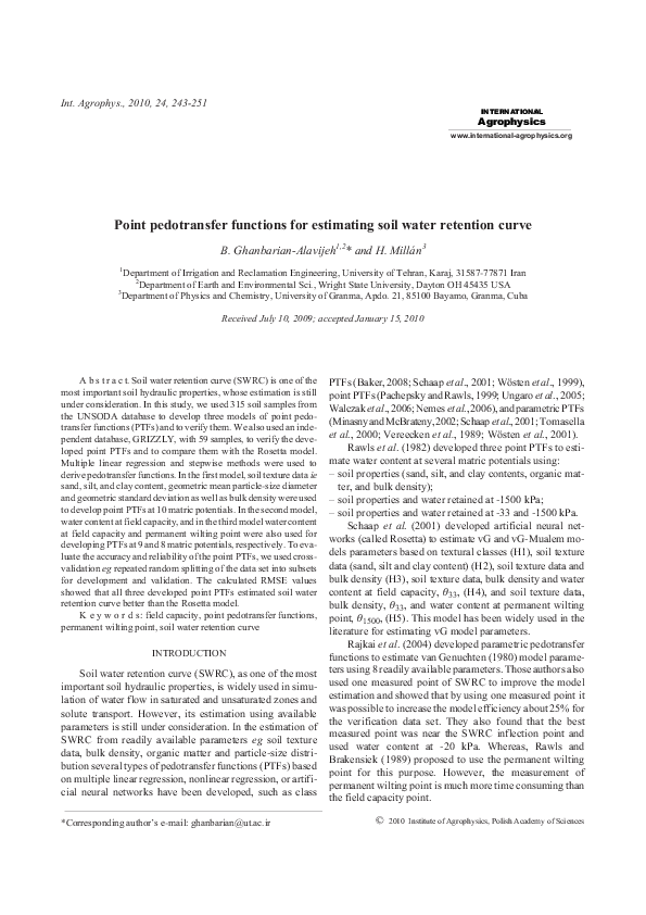 (PDF) Point pedotransfer functions for estimating soil water retention curve
