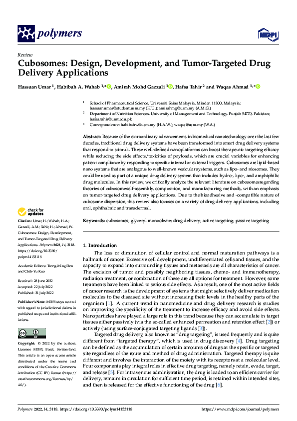 (PDF) Cubosomes: Design, Development, and Tumor-Targeted Drug Delivery ...