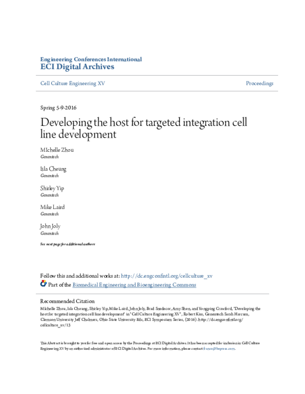 (PDF) Developing the host for targeted integration cell line development | Brad Snedecor ...