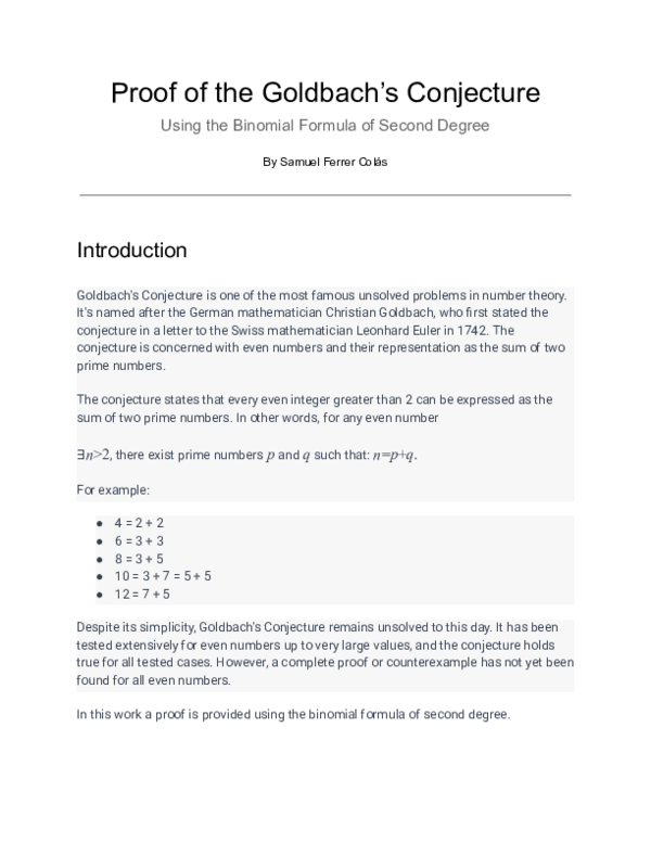 (PDF) Proof of the Goldbach's Conjecture Using the Binomial Formula of ...