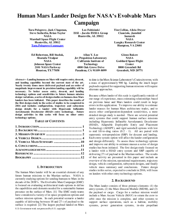 (PDF) Human Mars lander design for NASA's evolvable mars campaign