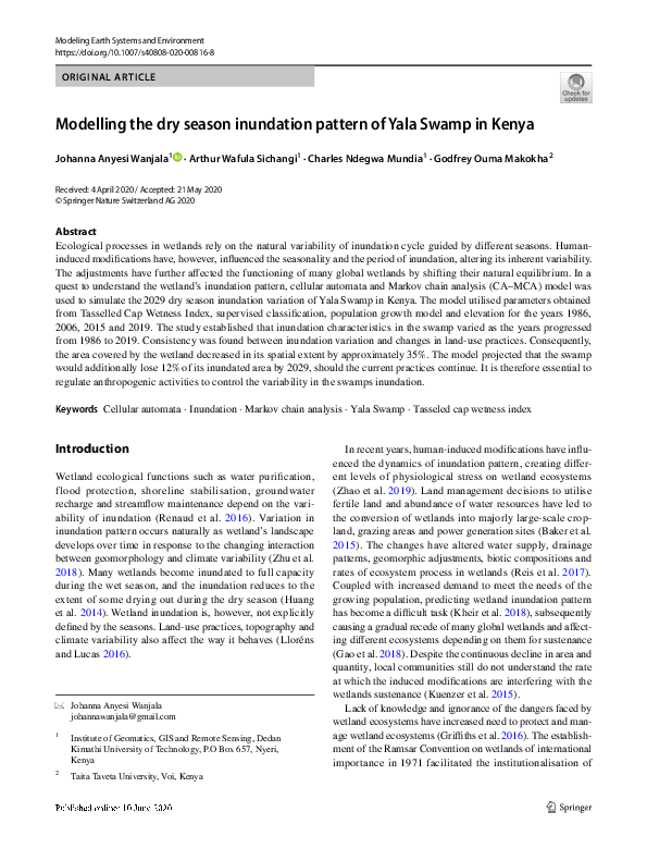 (PDF) Modelling the dry season inundation pattern of Yala Swamp in Kenya