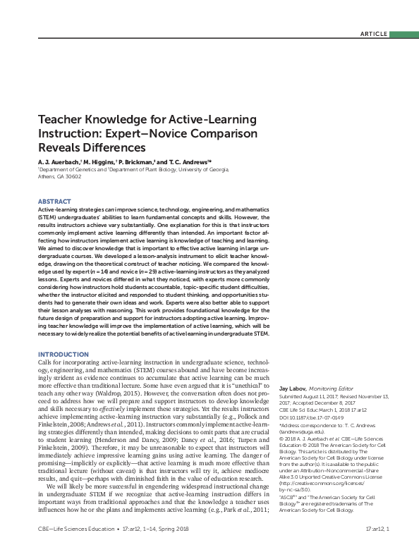 (PDF) Teacher Knowledge for Active-Learning Instruction: Expert–Novice ...