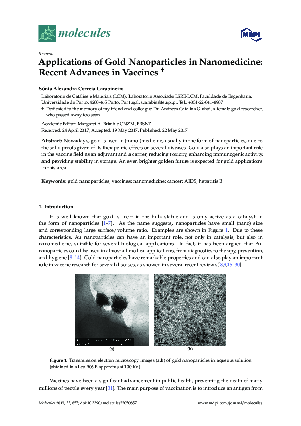 (PDF) Applications of Gold Nanoparticles in Nanomedicine: Recent Advances in Vaccines