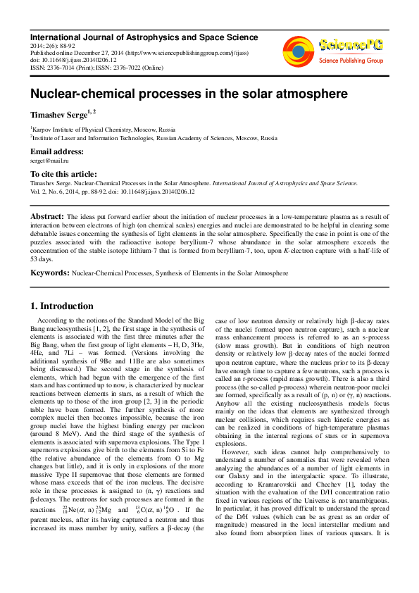 (PDF) Nuclear-Chemical Processes in the Solar Atmosphere