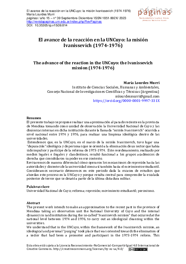(PDF) El avance de la reacción en la UNCuyo: la misión Ivanissevich ...
